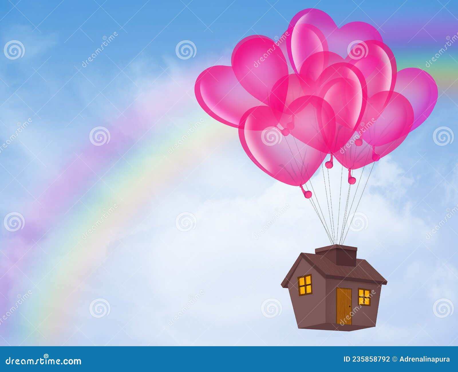 Flying House with Balloons in the Rainbow Stock Illustration ...