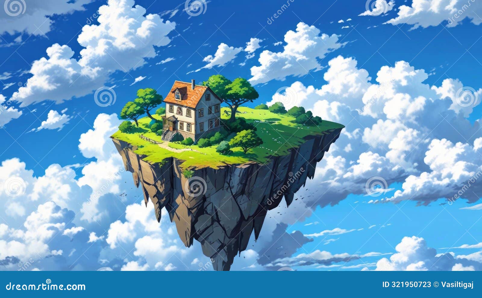 A Flying House on a Piece of Land Stock Illustration - Illustration of ...