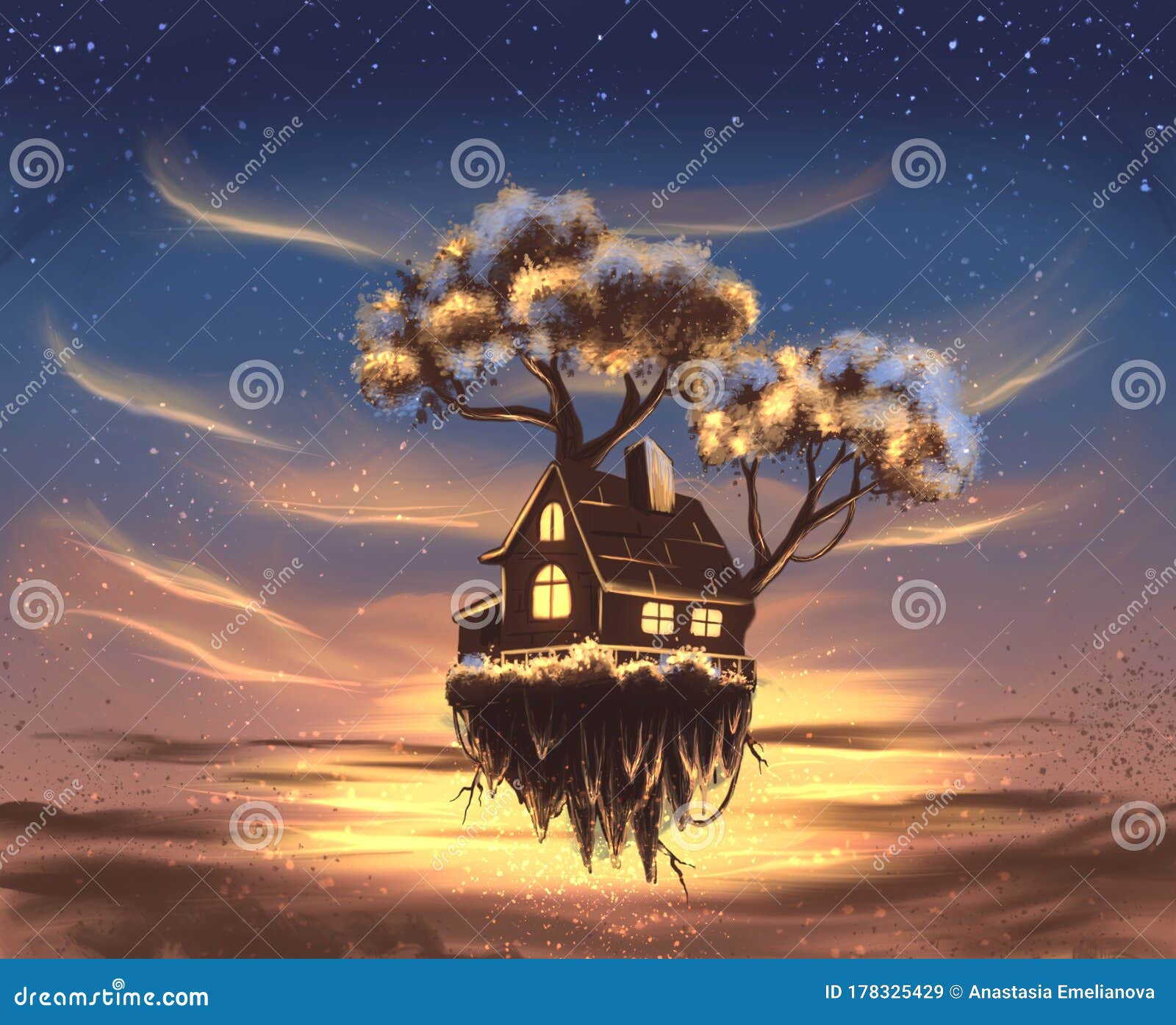 Flying house in the sky stock illustration. Illustration of nature ...