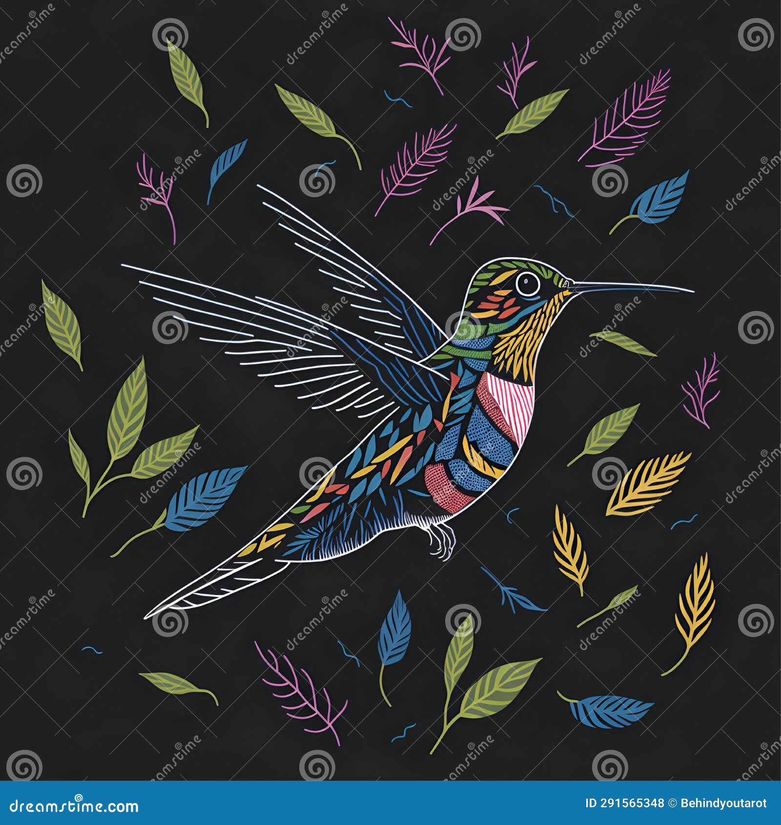 Flying Hummingbird, Leaf Rainbow, 2d Vector Design Stock Illustration ...