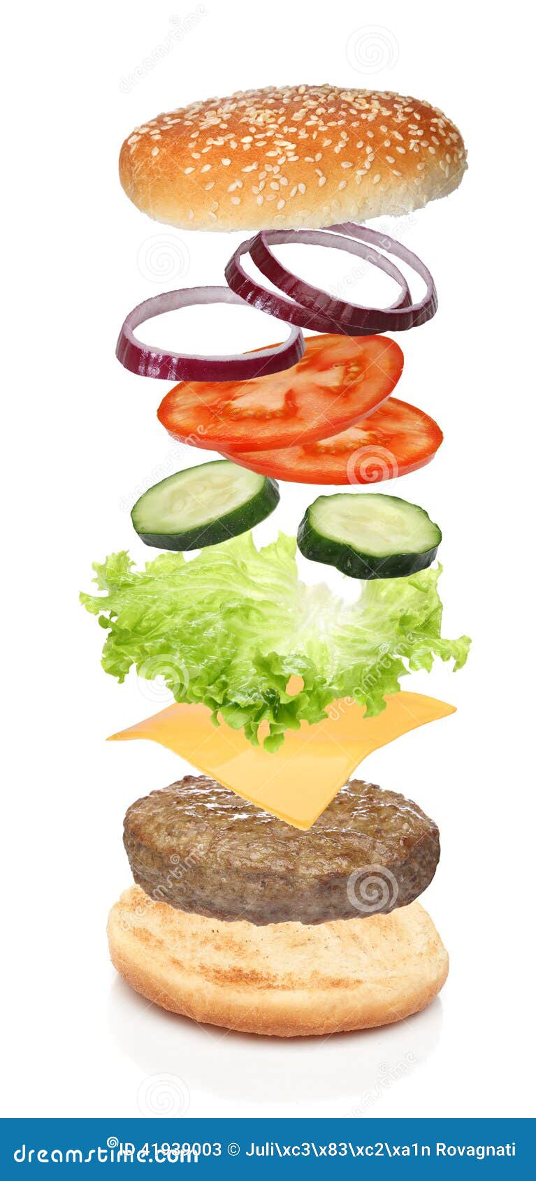 Flying Ingredients of Hamburger Isolated Stock Image - Image of ...