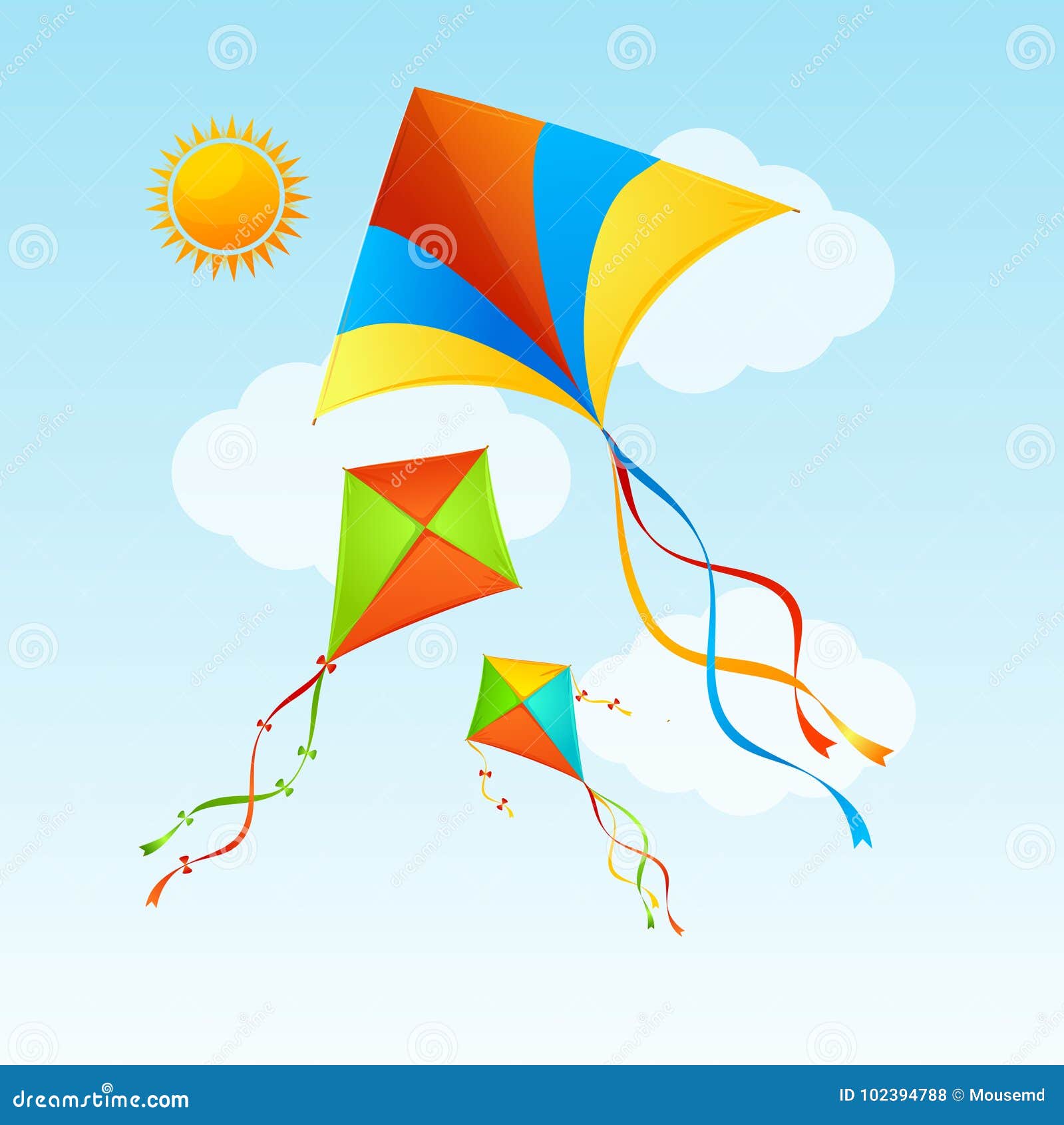 Flying Kite and Clouds on a Blue Sky Summer Concept Background. Vector ...