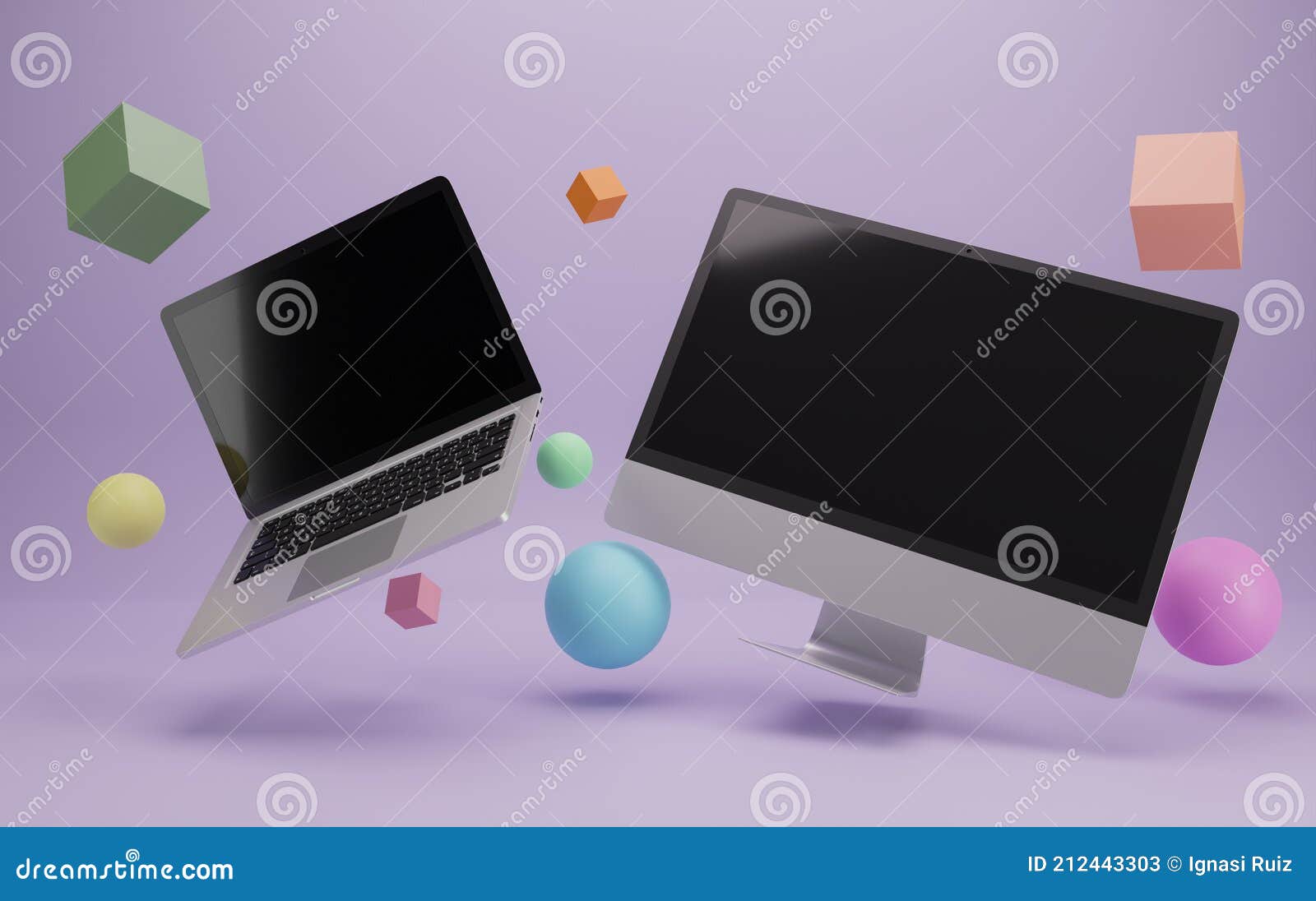 Flying Laptop and Desktop Computer Rounded by 3d Primitive Objects ...