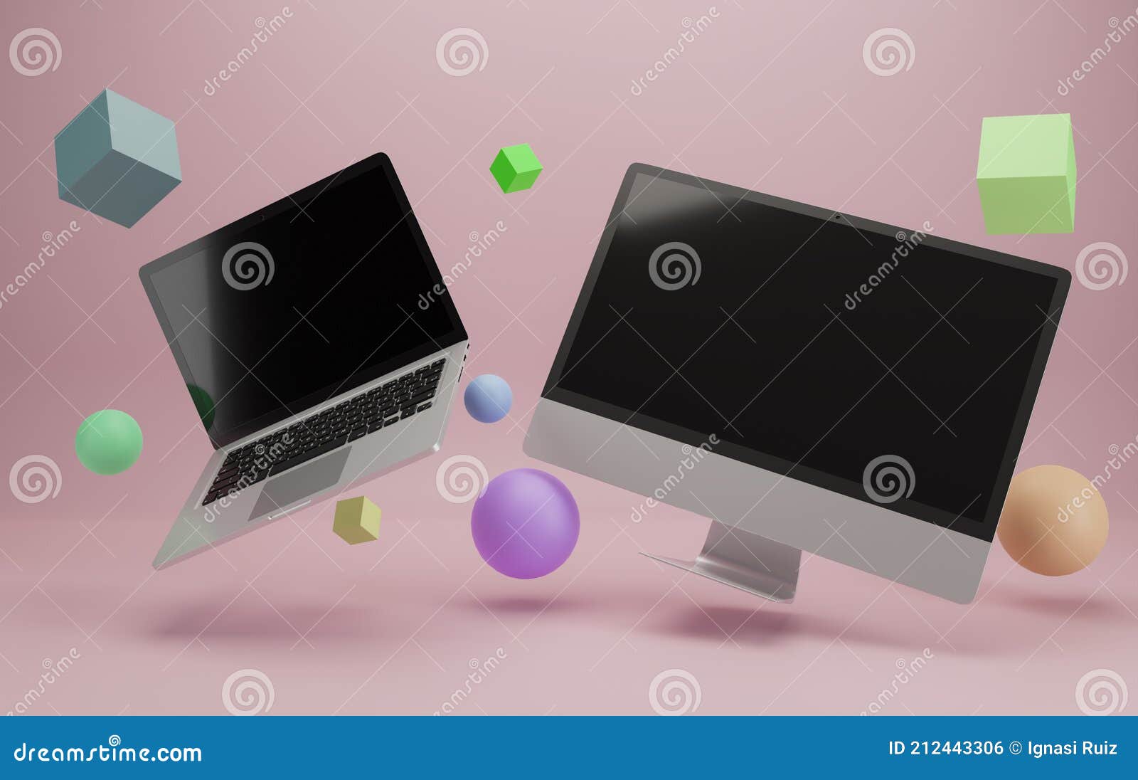 Flying Laptop and Desktop Computer Rounded by 3d Primitive Objects ...