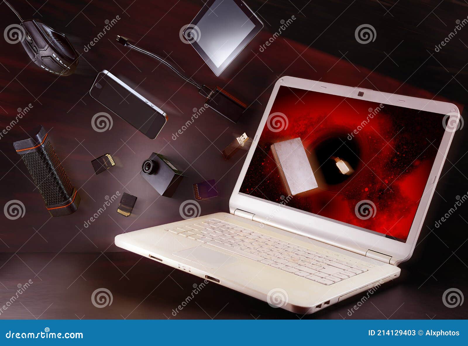 Flying In A Laptop Falling Objects Smartphone, Mouse, Flash, Camera ...