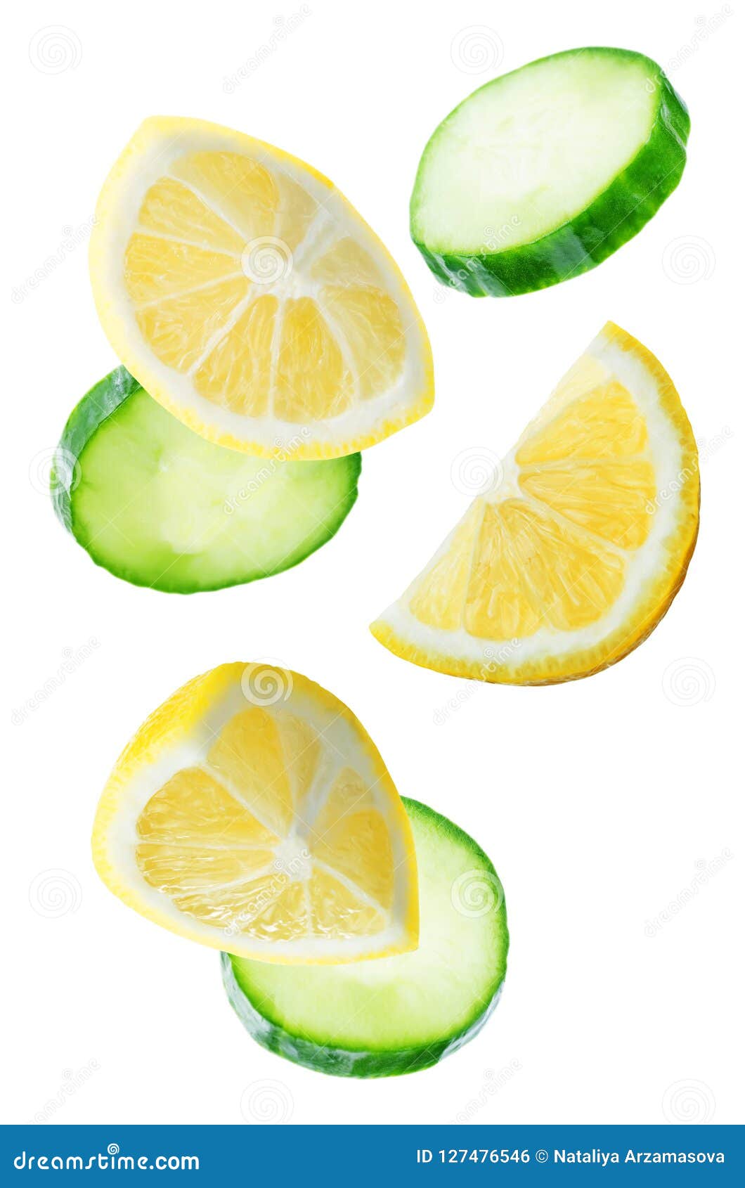 Flying Liemon Slices with Cucumber Slices Stock Photo - Image of ...