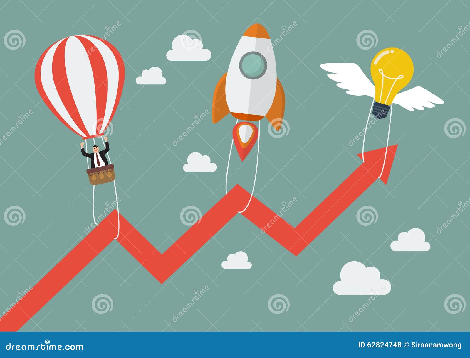 Flying Lightbulb Rocket And Balloon Pull Graph Up Vector Illustration ...