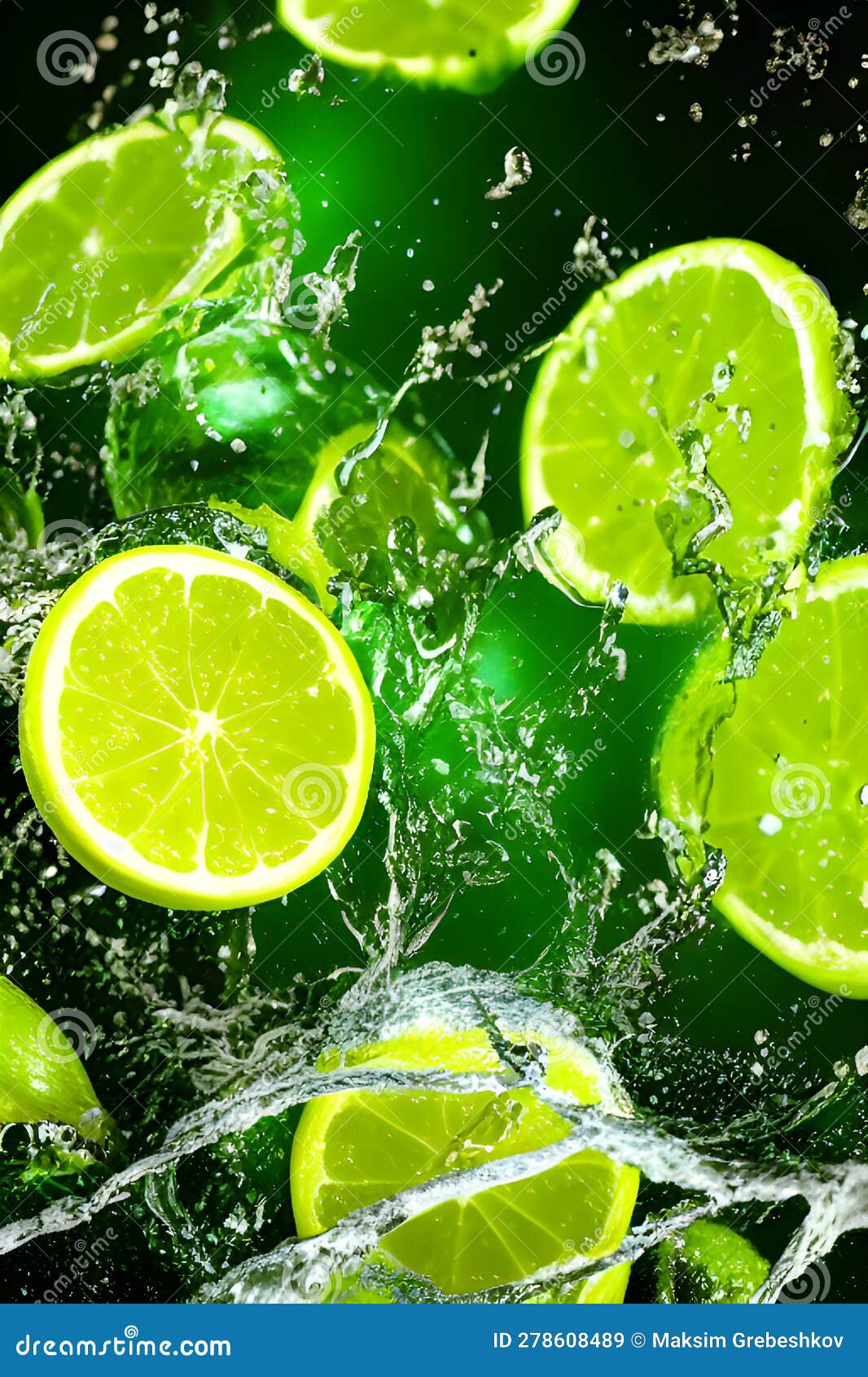 Flying a Lime Slices with Water Splashing, Generative Ai Stock ...