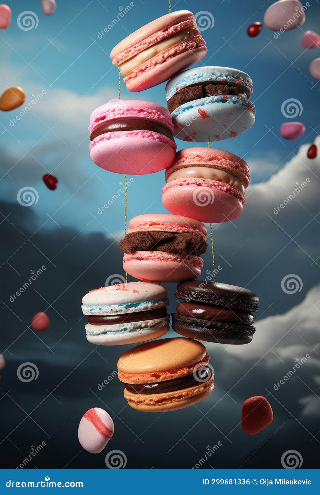 Flying Macaroons on Dark Sky Background. 3D Rendering Stock ...