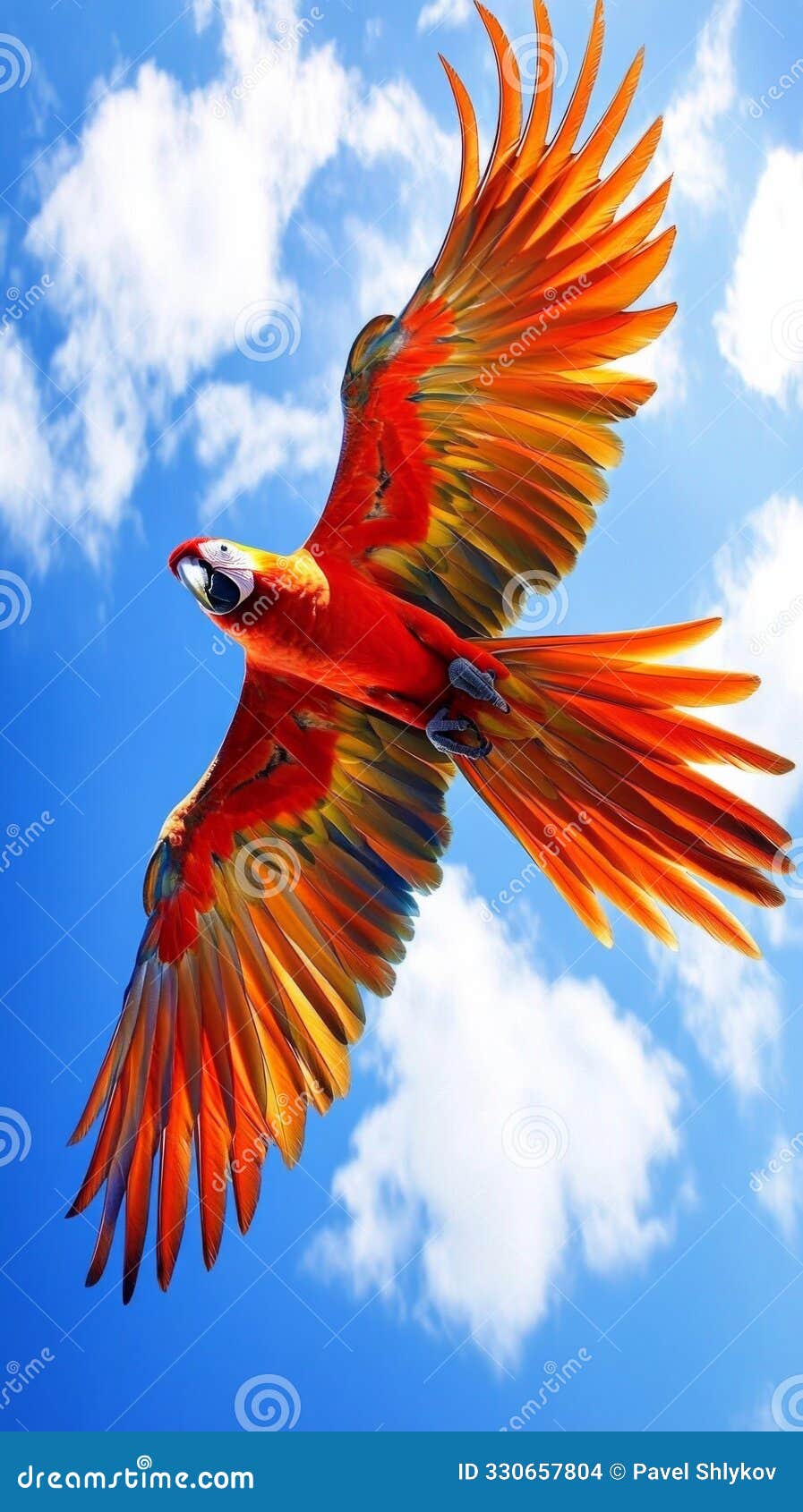 Flying Macaw Parrot Under Blue Sky and Bright Sun Stock Photo - Image ...