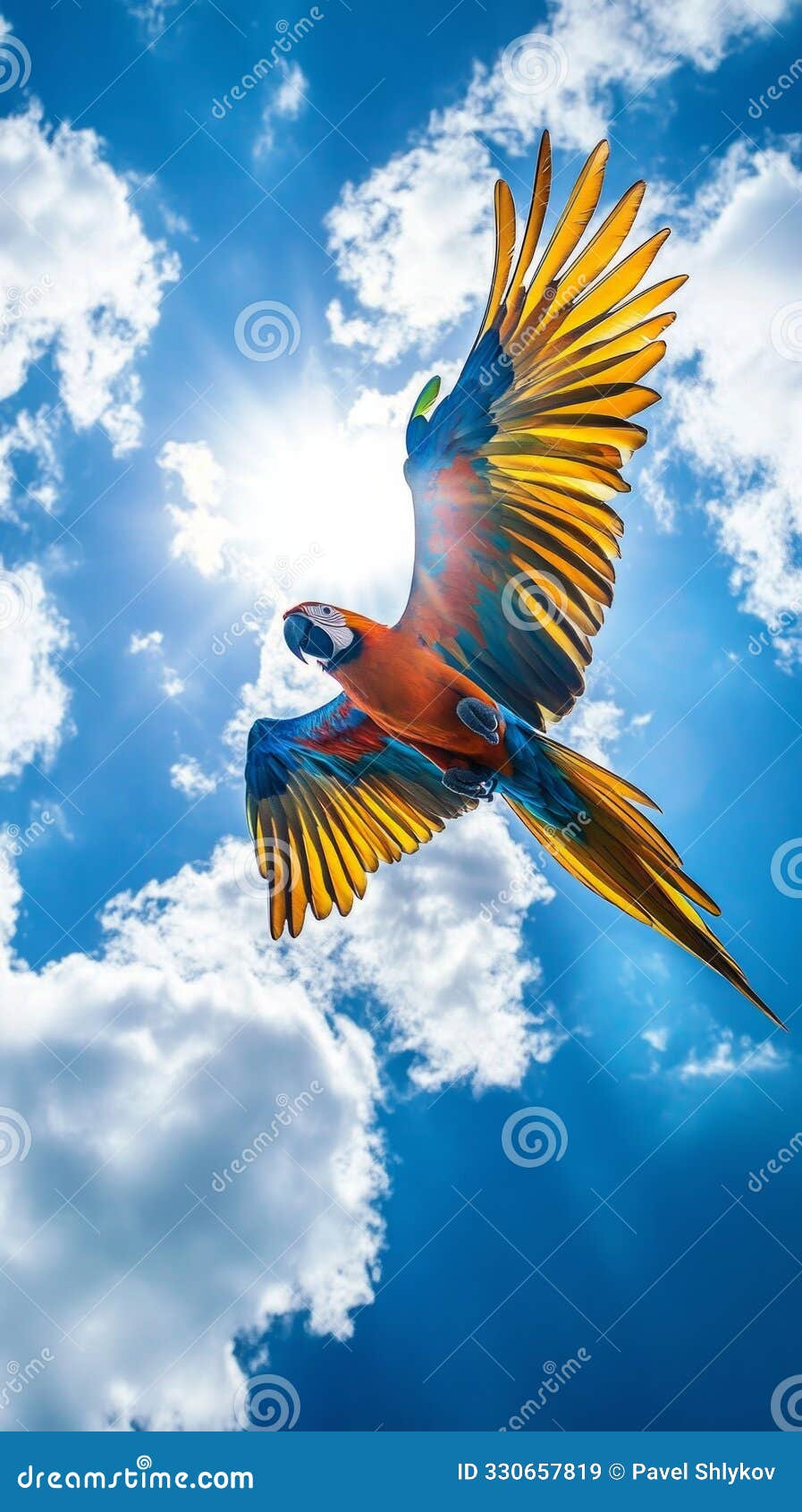 Flying Macaw Parrot Under Blue Sky and Bright Sun Stock Image - Image ...