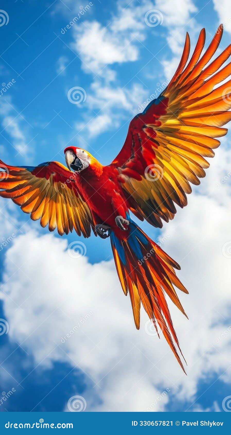 Flying Macaw Parrot Under Blue Sky and Bright Sun Stock Image - Image ...