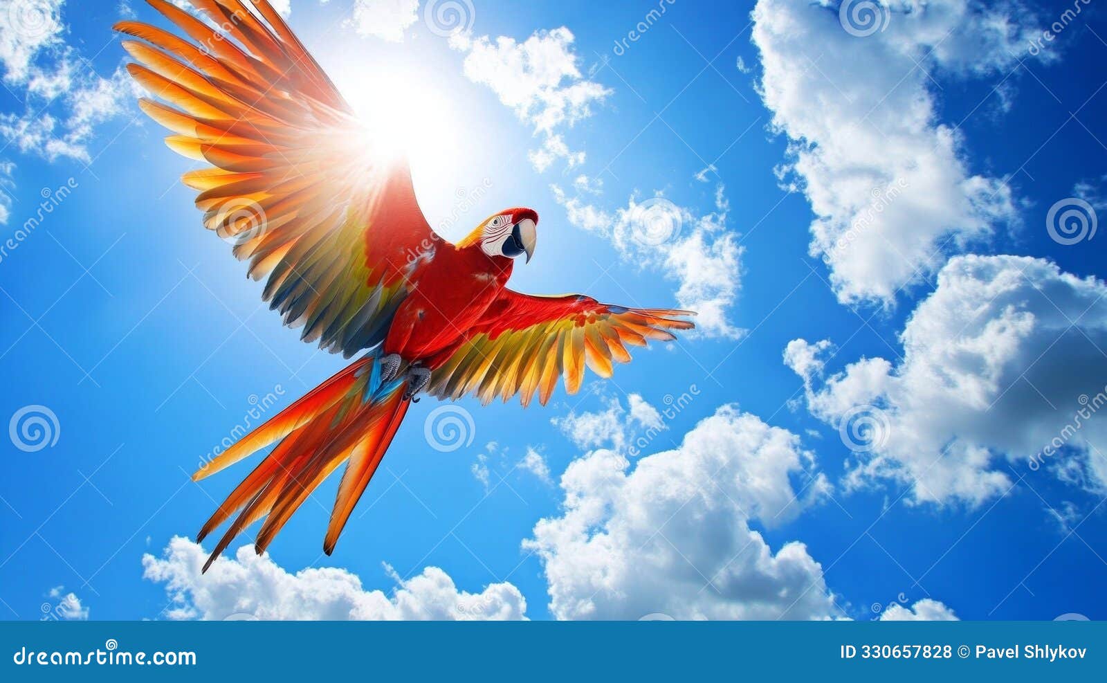Flying Macaw Parrot Under Blue Sky and Bright Sun Stock Photo - Image ...
