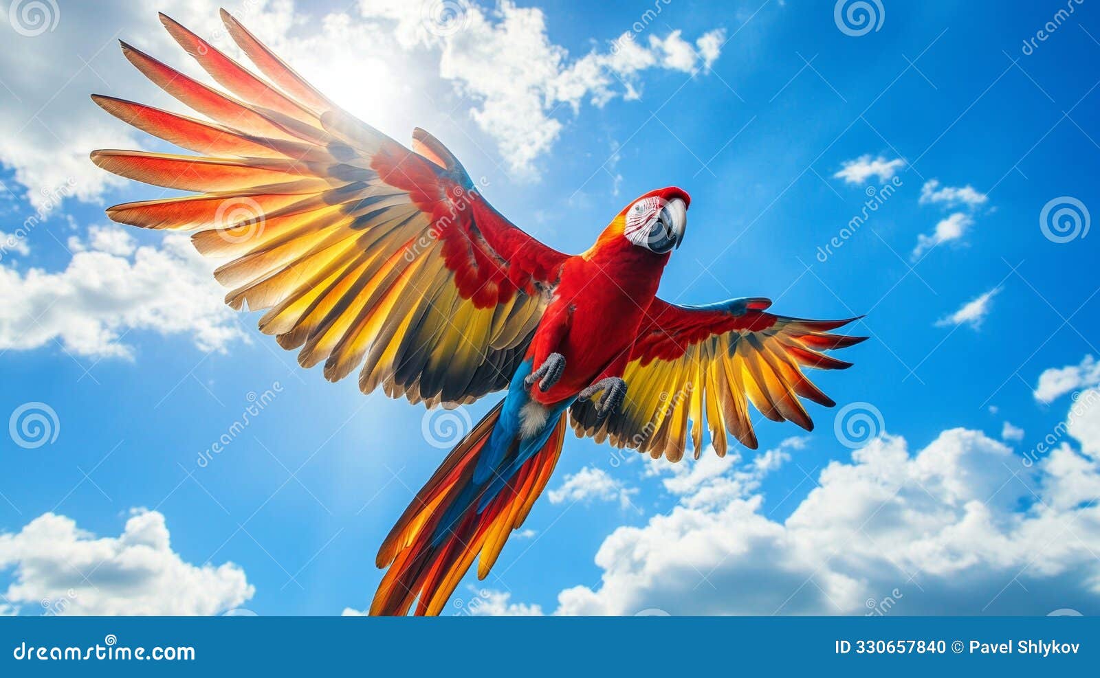 Flying Macaw Parrot Under Blue Sky and Bright Sun Stock Photo - Image ...