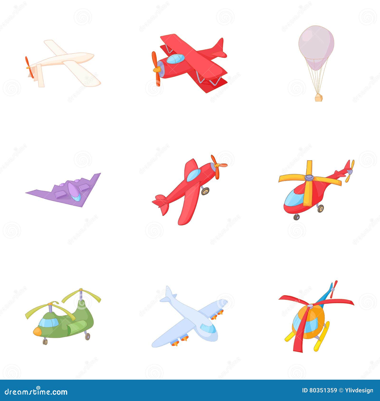 Flying Machine Icons Set, Cartoon Style Stock Vector - Illustration of ...
