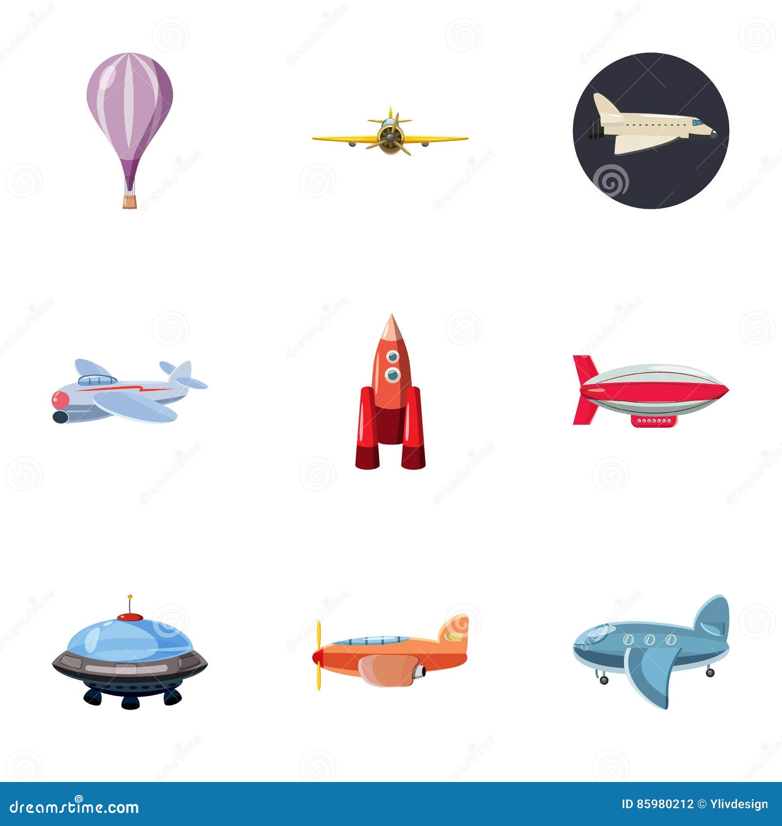 Flying Machine Icons Set, Cartoon Style Stock Vector - Illustration of ...