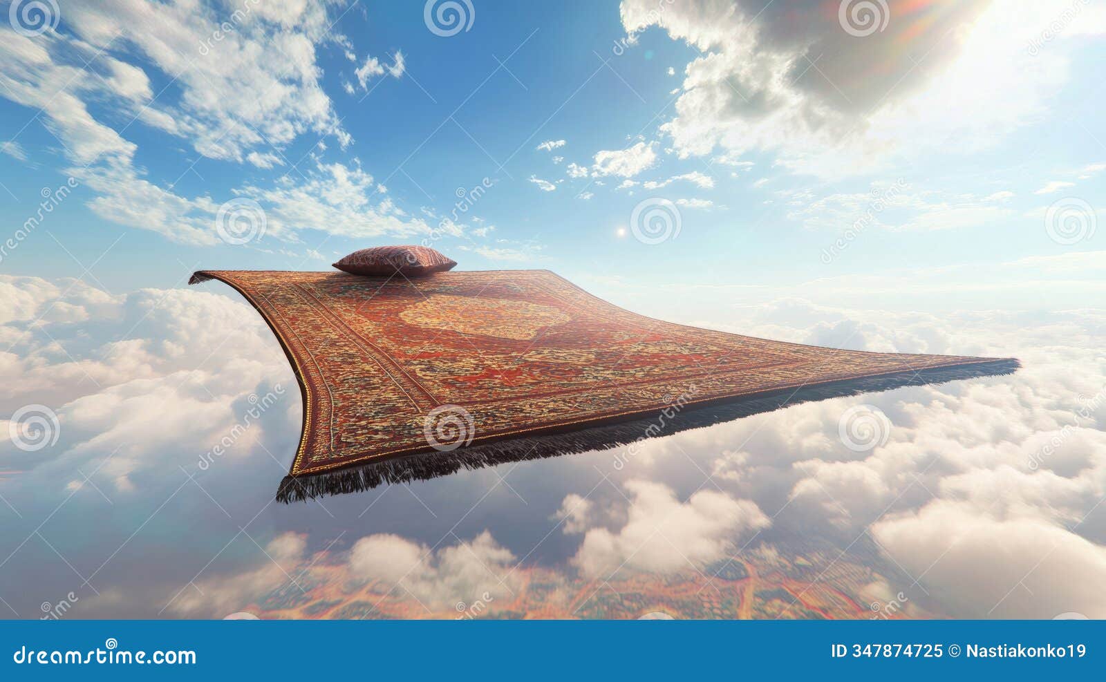 Flying Magic Carpet in Sky with Clouds, Fantasy Travel Concept Stock ...