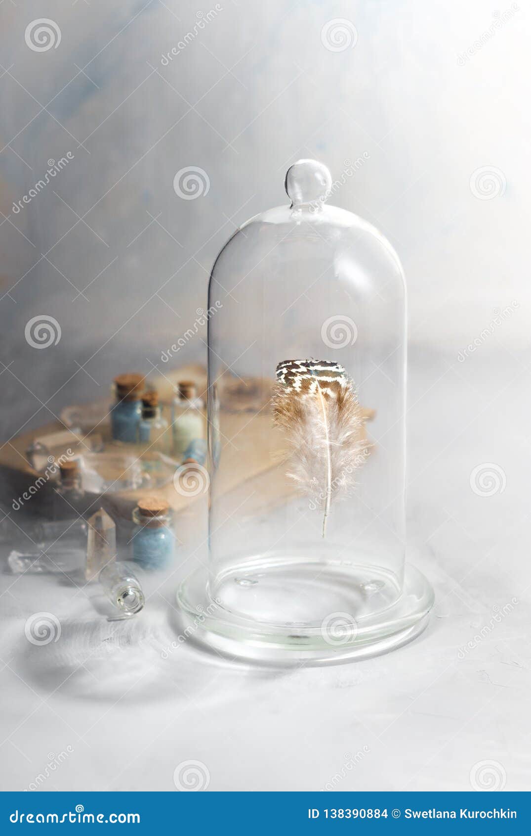 Flying Magical Feather Under a Glass Dome Stock Photo - Image of light ...