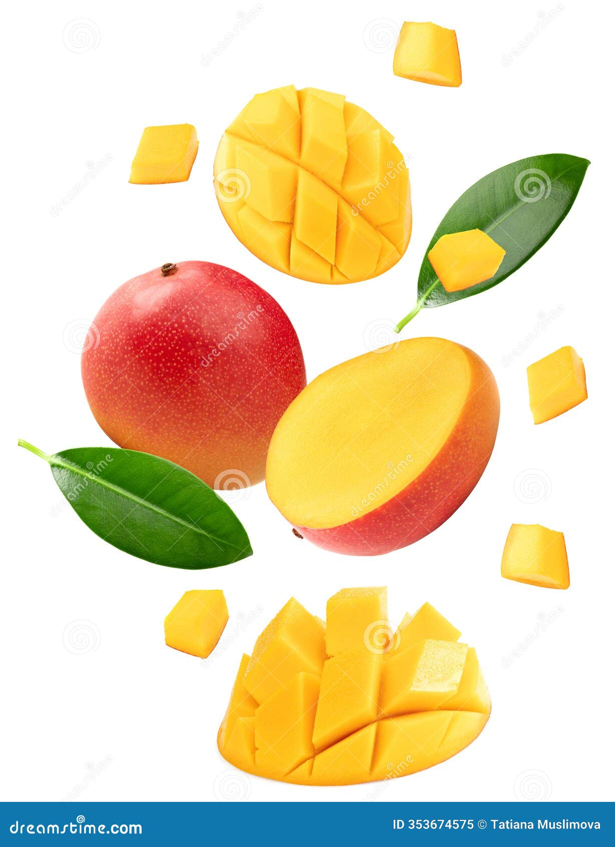 Flying Mango with Slices and Green Leaves Isolated on White Background ...