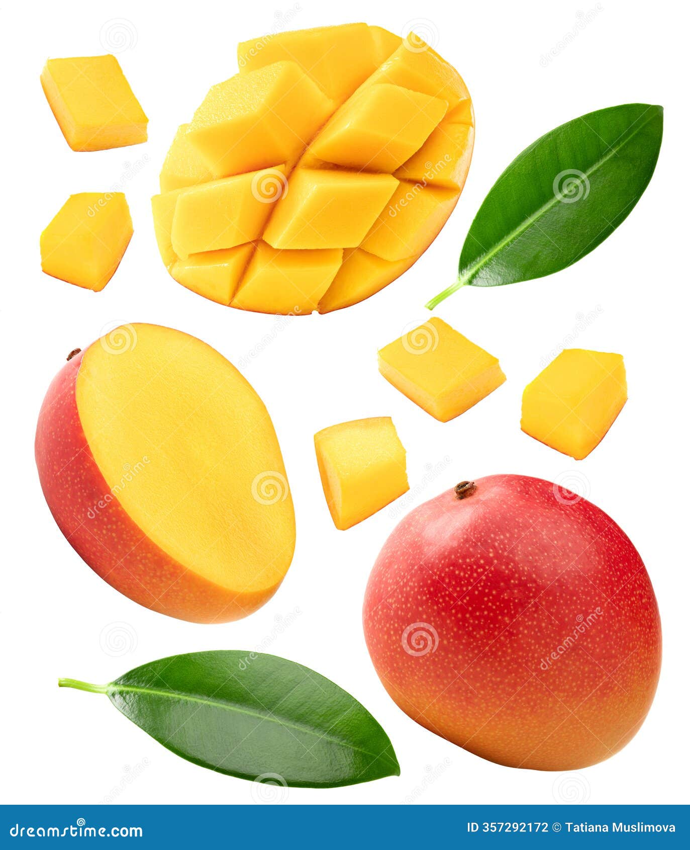 Flying Mango with Slices and Green Leaves Isolated on White Background ...