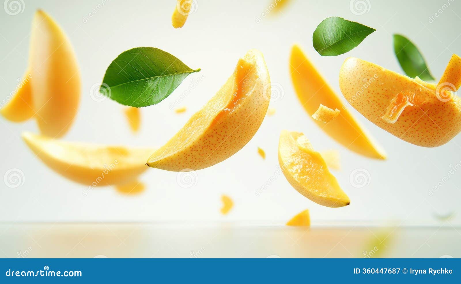 Flying Mango Slices with Leaves on White Background Stock Image - Image ...