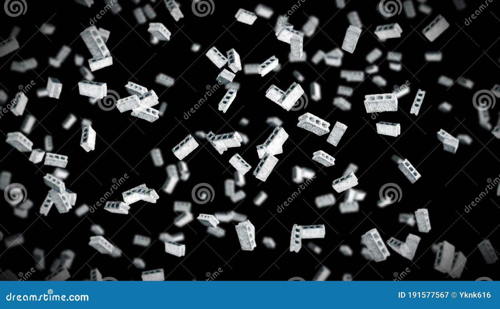 Flying Many Concrete Bricks on Black Background. Miniature Model ...