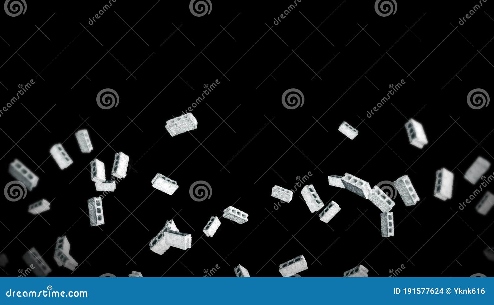 Flying Many Concrete Bricks on Black Background. Miniature Model ...