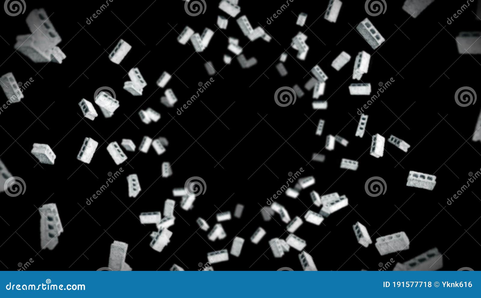 Flying Many Concrete Bricks on Black Background. Miniature Model ...