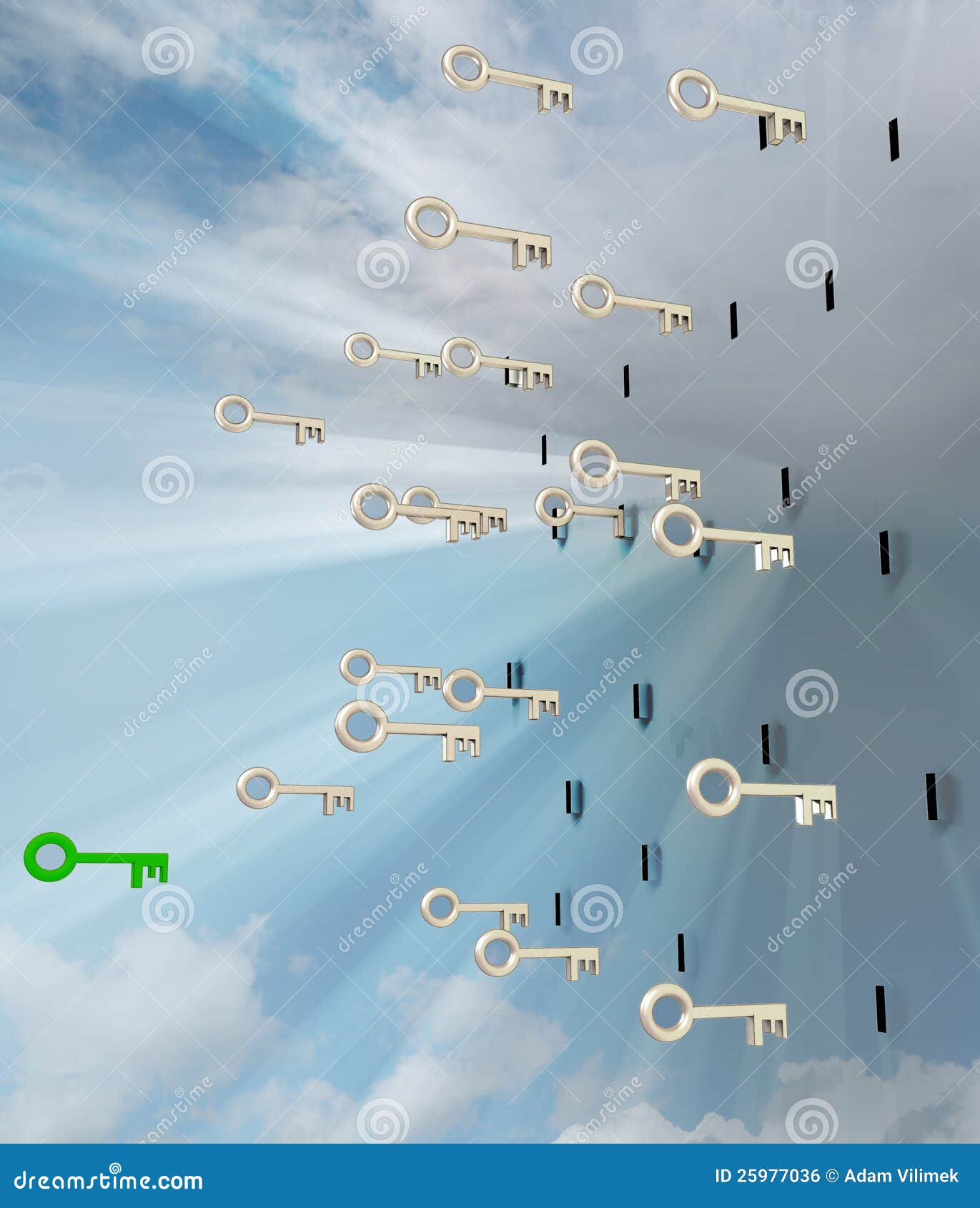 Flying Metallic Keys with Green One in Sky Stock Illustration ...
