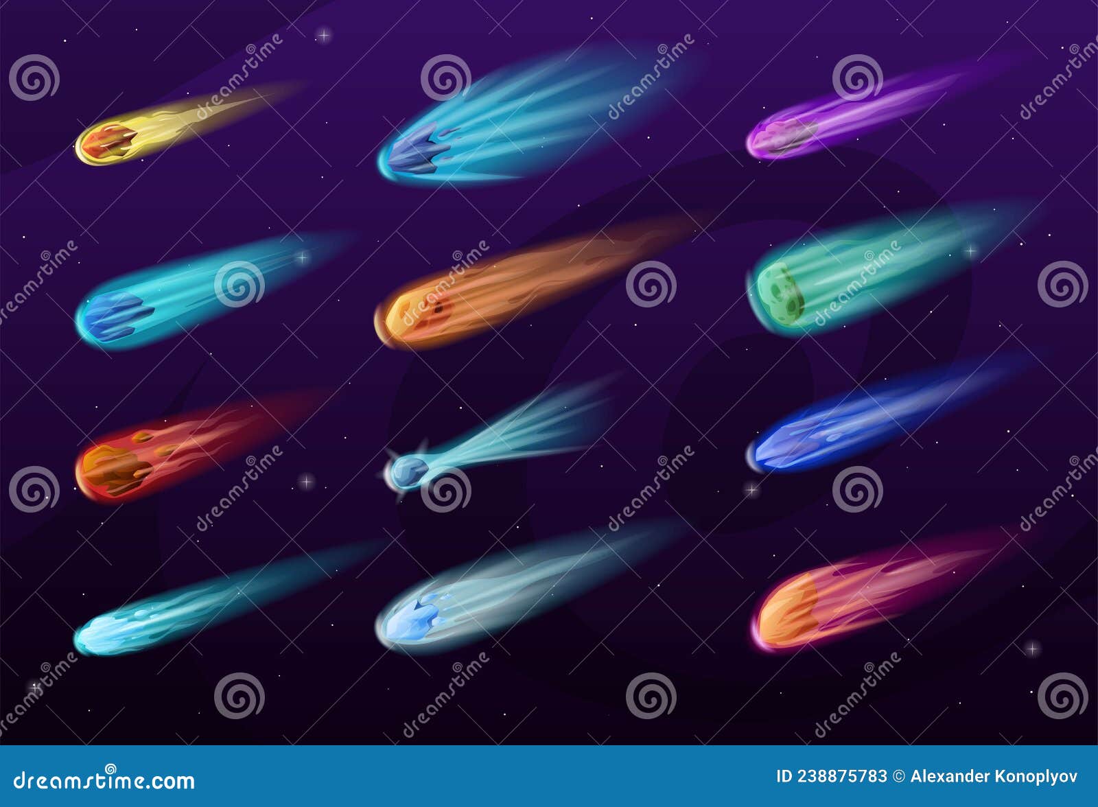 Flying Meteorites or Comets Night Sky with Stars Set Vector Flat ...