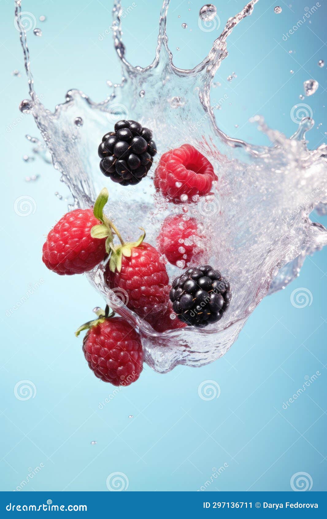Flying Mix Berries with Splash on Blue Background. Stock Image - Image ...