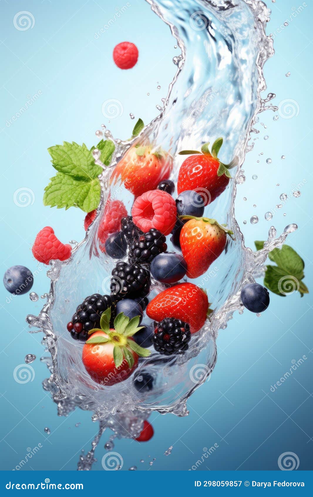Flying Mix Berries with Splash on Blue Background. Stock Image - Image ...