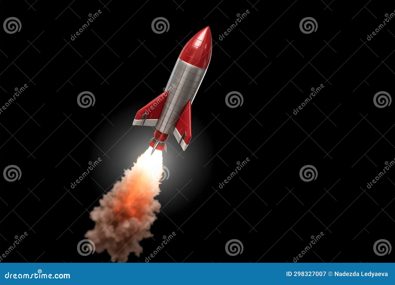 Flying Multi-stage Space Rocket with a Fiery Trail. Isolated on a Black ...