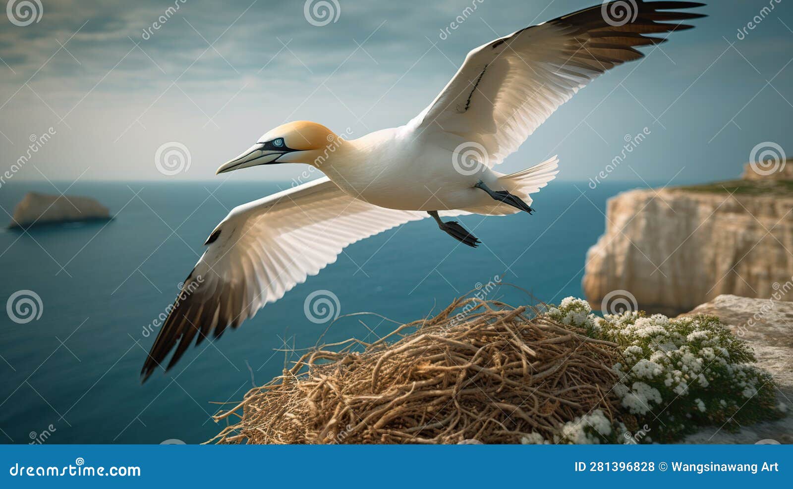 Flying Northern Gannet Morus Bassanus with Nesting Stock Illustration ...