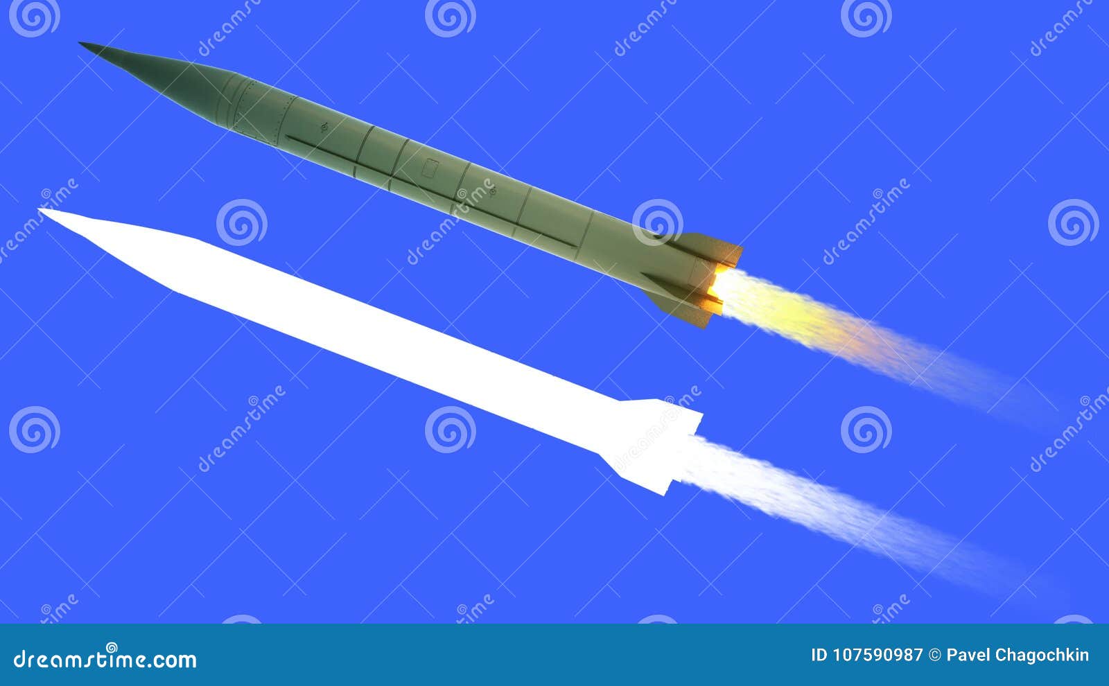 Flying Nuclear Ballistic Rocket with Alpha Mask. Fire of Rocket ...