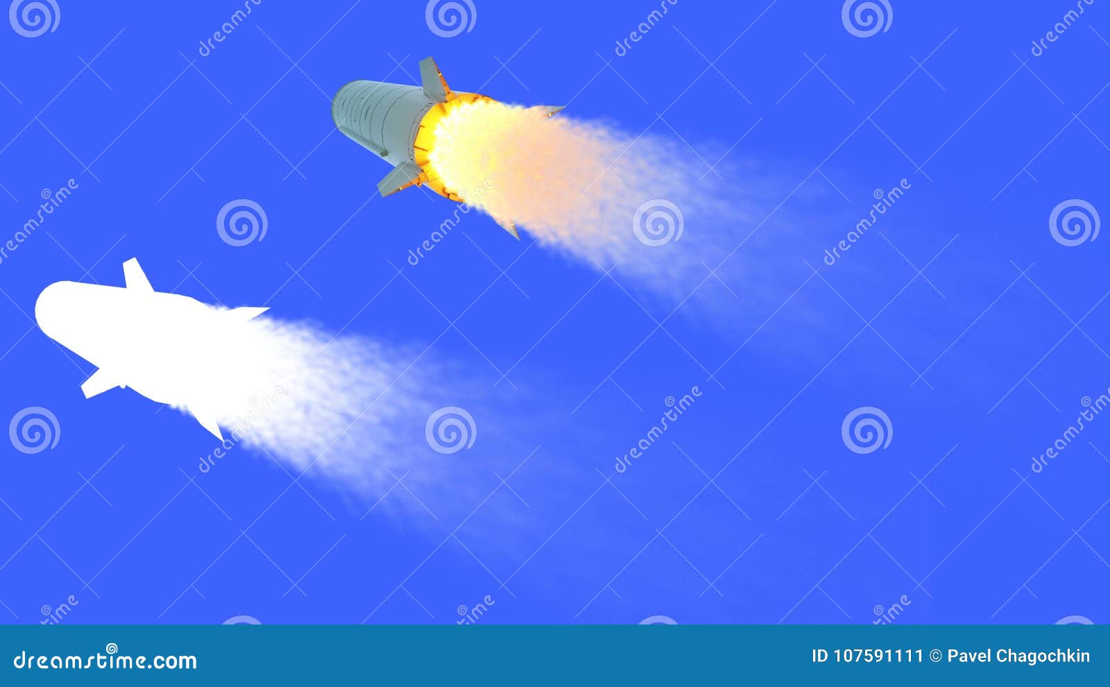 Flying Nuclear Ballistic Rocket with Alpha Mask. Fire of Rocket ...