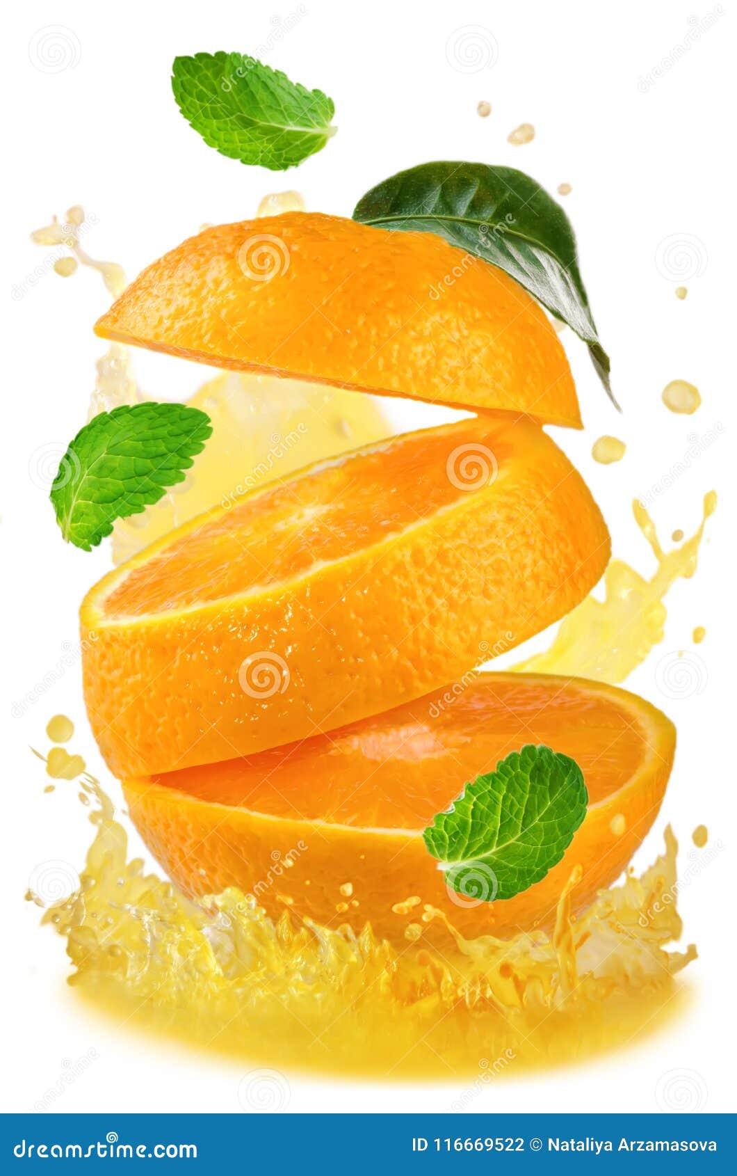 Flying Orange with Splashes of Orange Juice and Mint Stock Photo ...