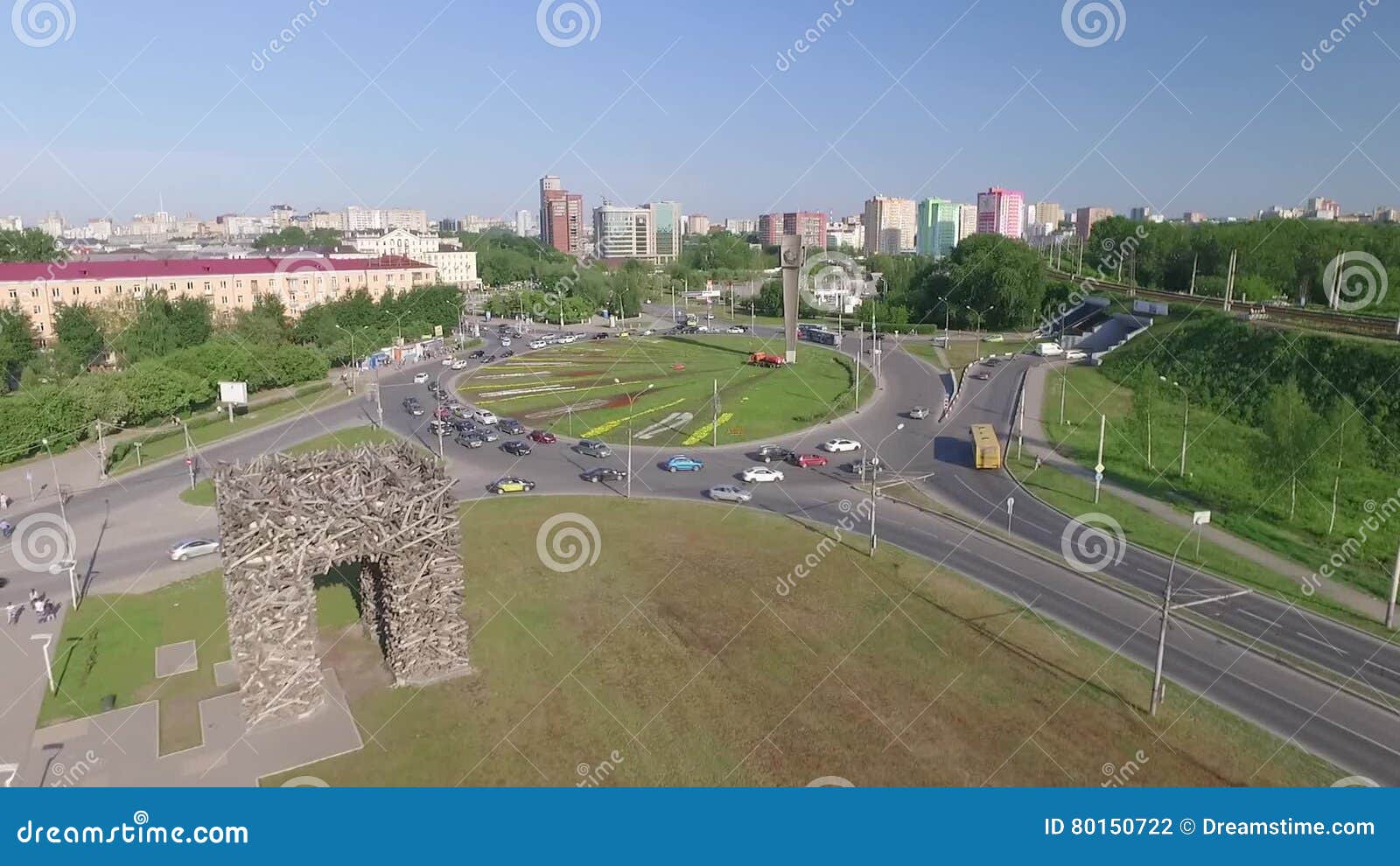 Flying Over the Park and the Circular Intersection Stock Footage ...