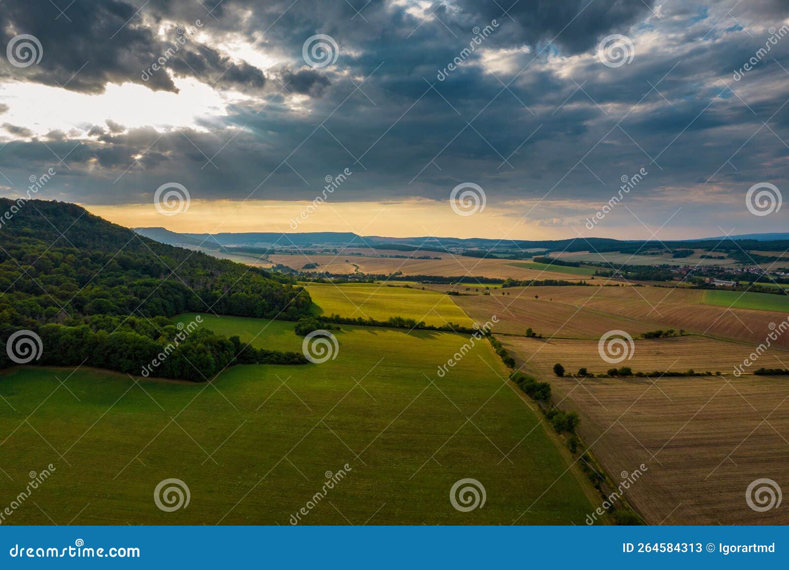 Flying Over Some Golden Fields and Green Forests. Stock Image - Image ...