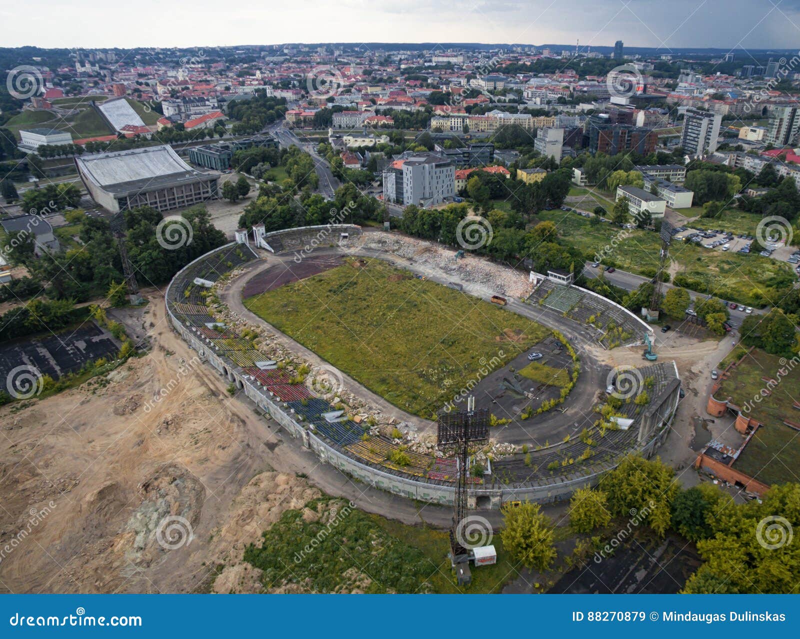 Flying Over the Vilnius and Zalgiris Stadium in Background. Gediminas ...