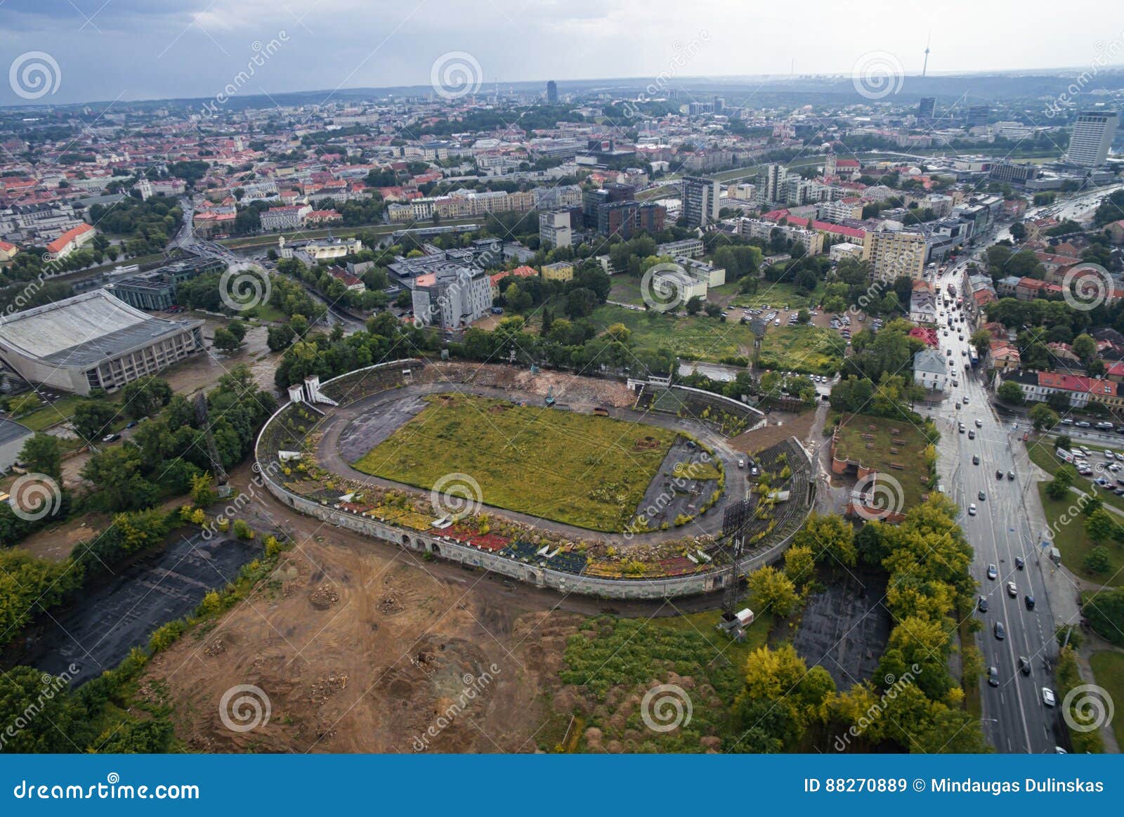 Flying Over the Vilnius and Zalgiris Stadium and Old Town in Background ...