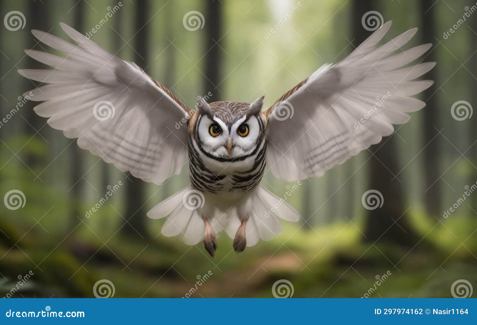 An Flying Owl Front View, Spreading Its Wings in a Forest Targeting Its ...