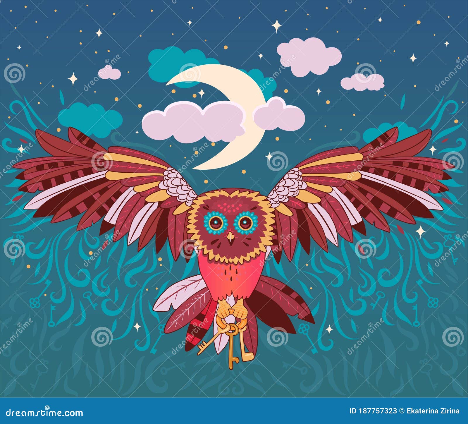 Flying Owl with Keys Postcard. Vector Graphics Stock Illustration ...