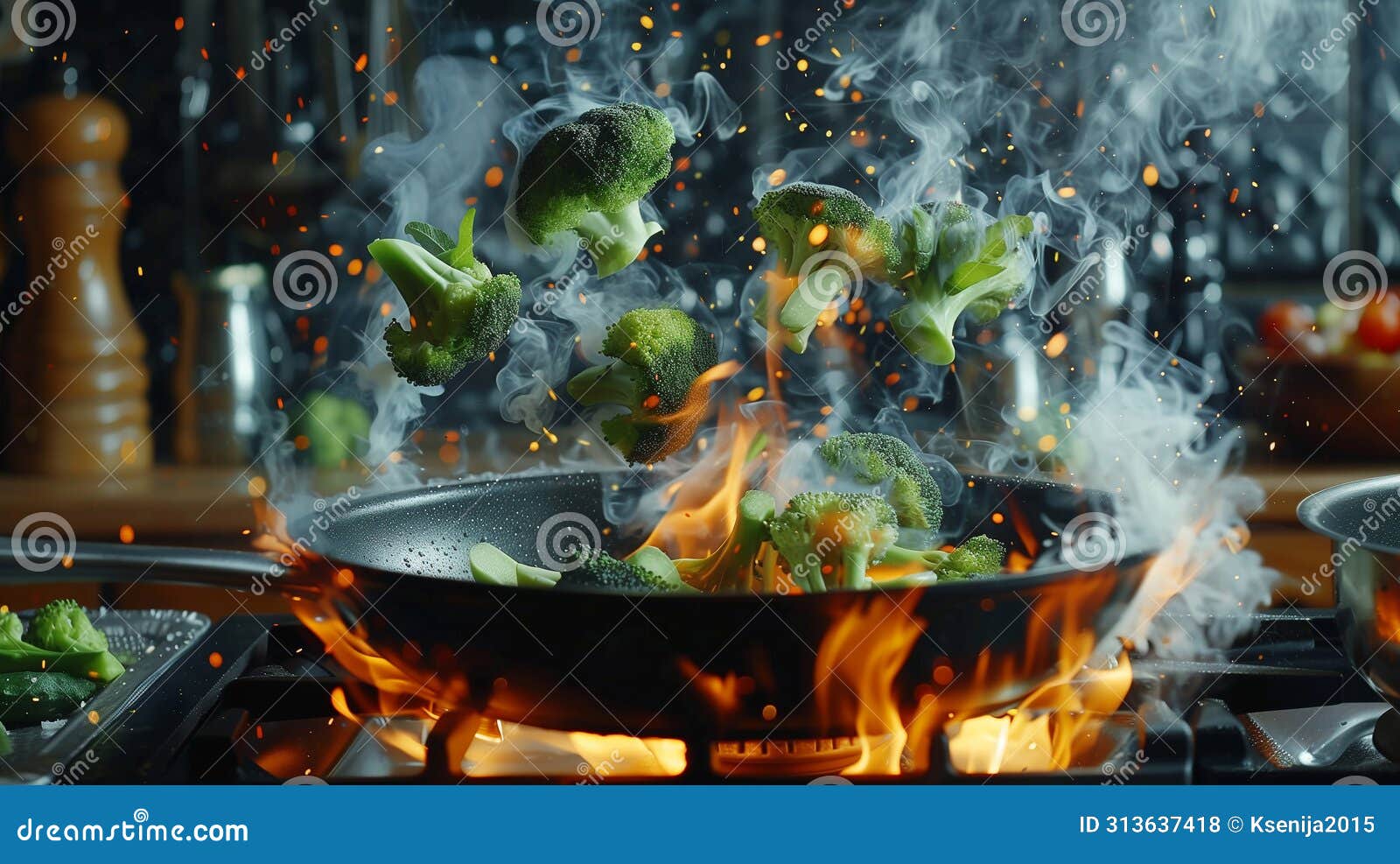 Flying Pan on Fire Background. Creative Chef Template Stock ...