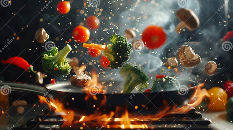 Flying Pan on Fire Background. Creative Chef Template Stock ...