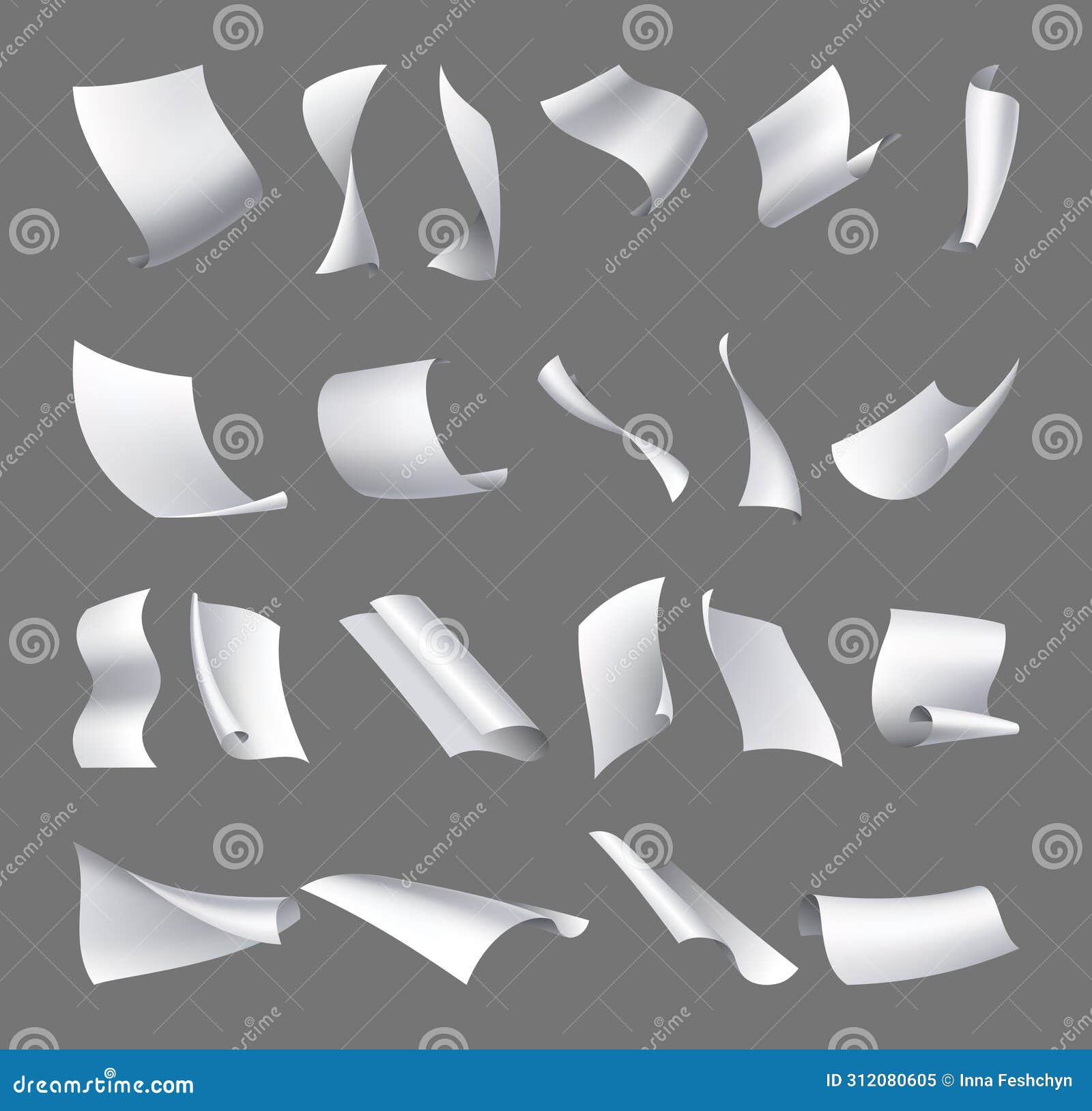 Flying Paper Pages, Icon Set. Falling Papers Documents Sheets. Curved ...