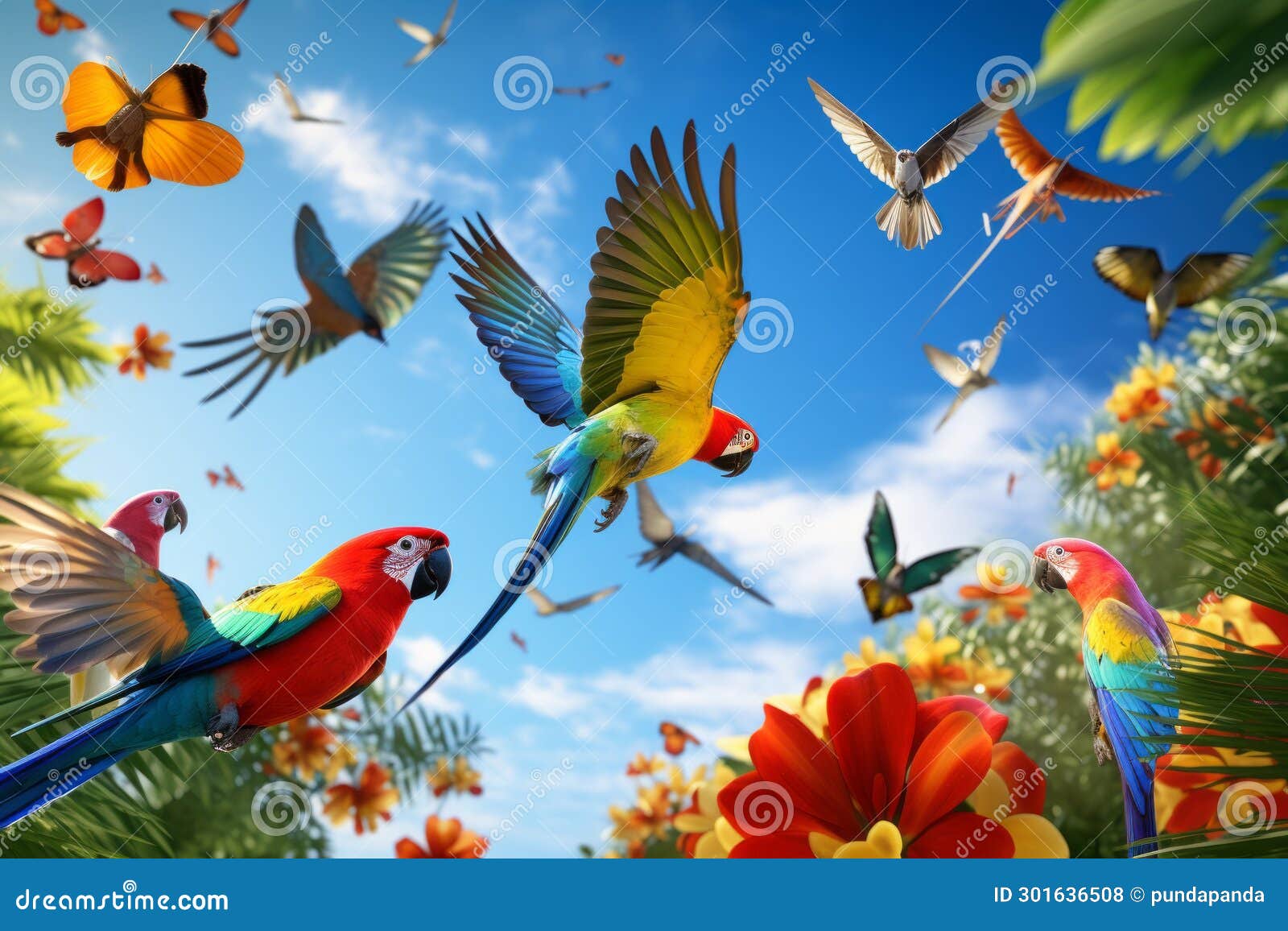 Flying Parrots and Butterfly Stock Photo - Image of vivid, feather ...