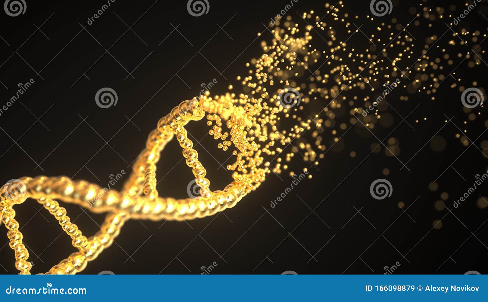 Flying Particles Make Golden DNA Molecule Model. Conceptual 3D ...
