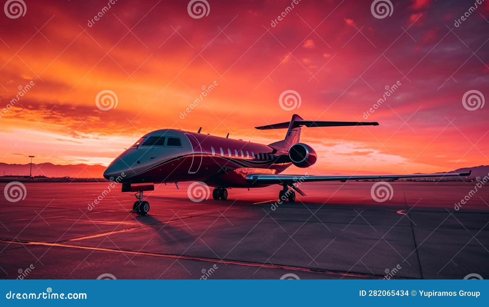 Flying Passenger Airplane Taking Off at Sunset from Airport Runway ...