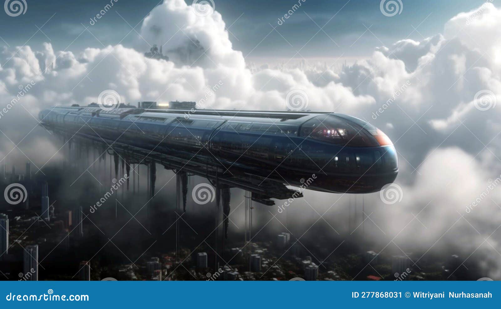 Flying Passenger Train. Futuristic Sci Fi City in Clouds. Concept of ...